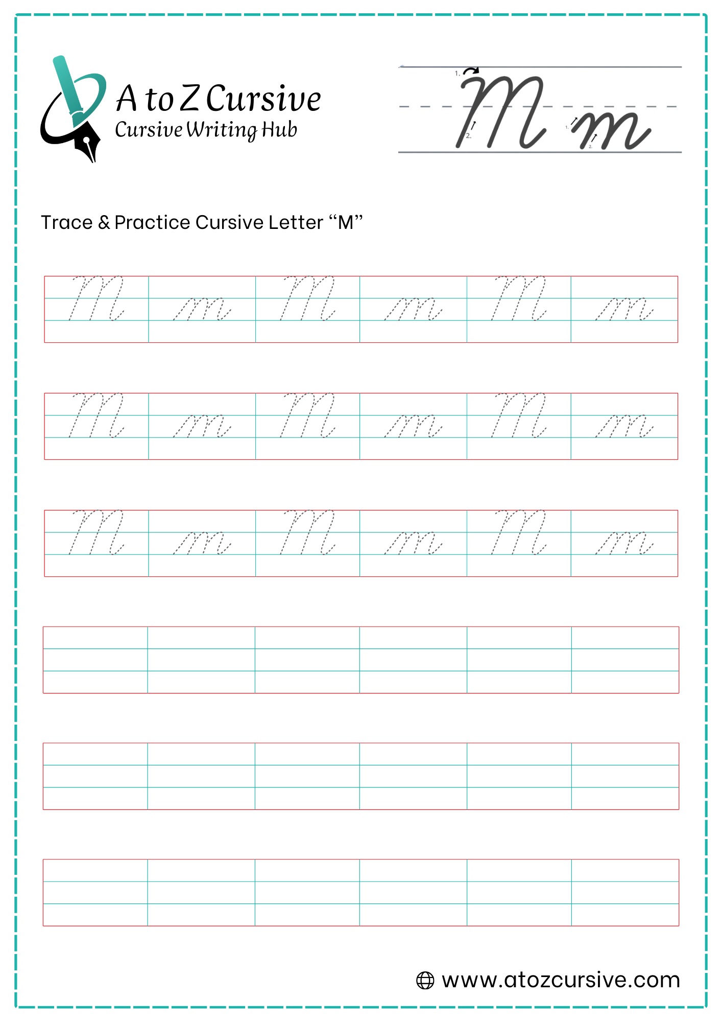 Cursive M: Tutorial and Worksheets