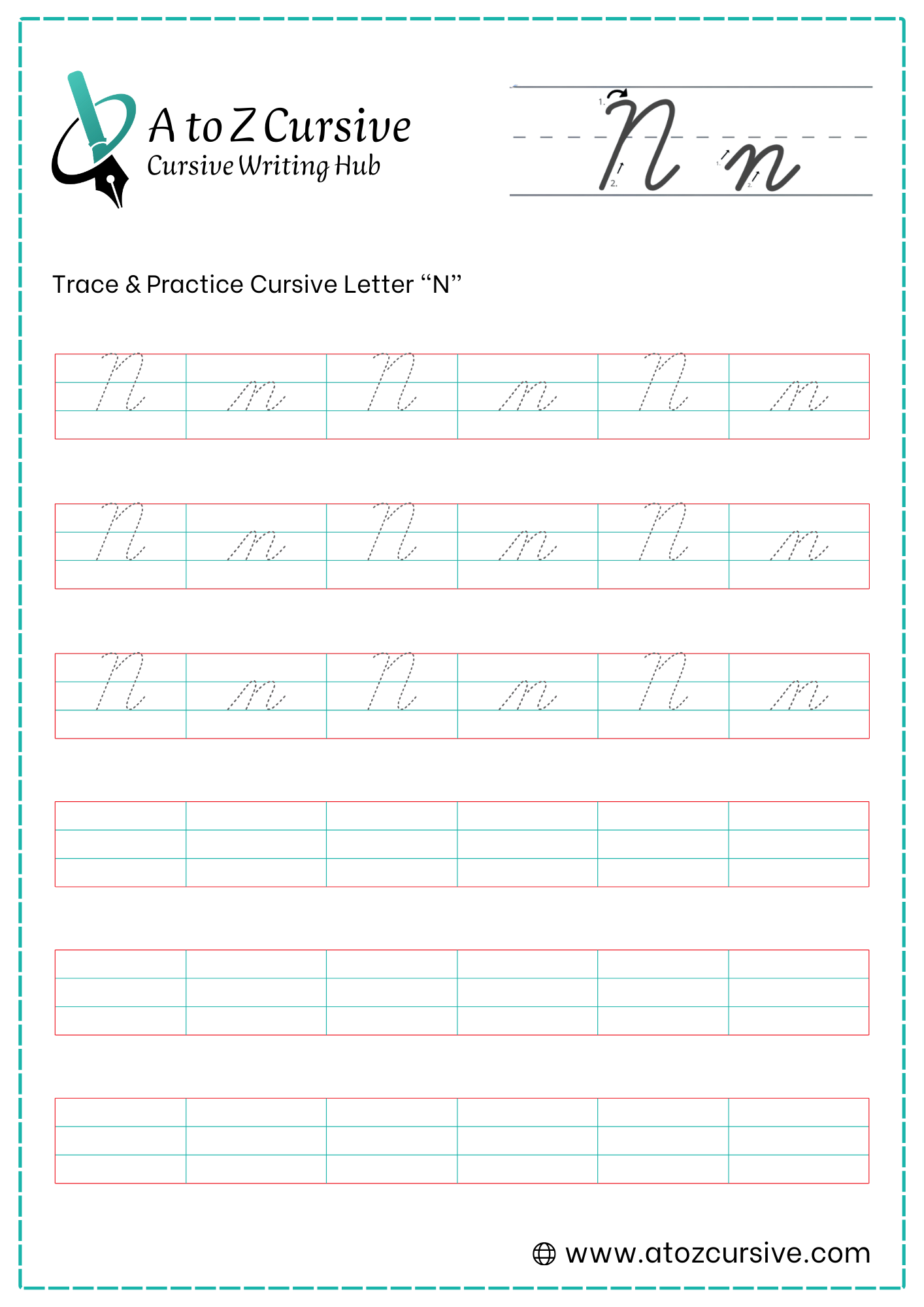 Cursive N: Tutorial and Worksheets