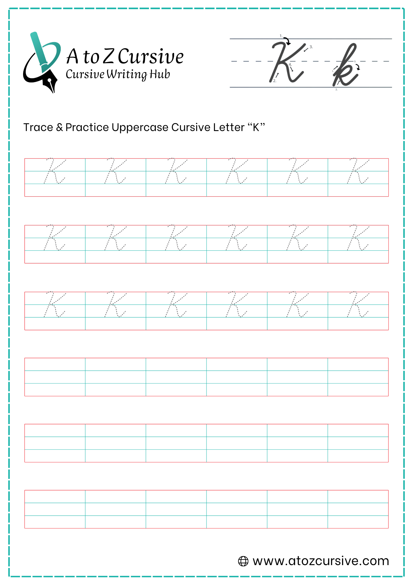 Cursive K: Tutorial and Worksheets