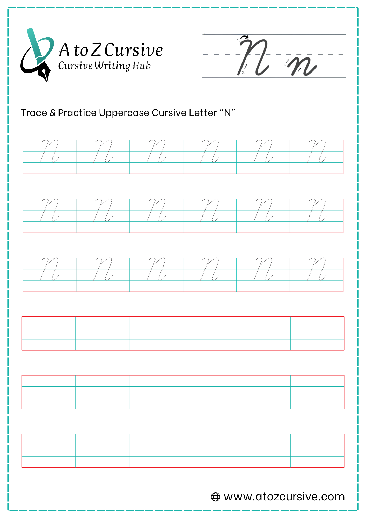Cursive N: Tutorial and Worksheets